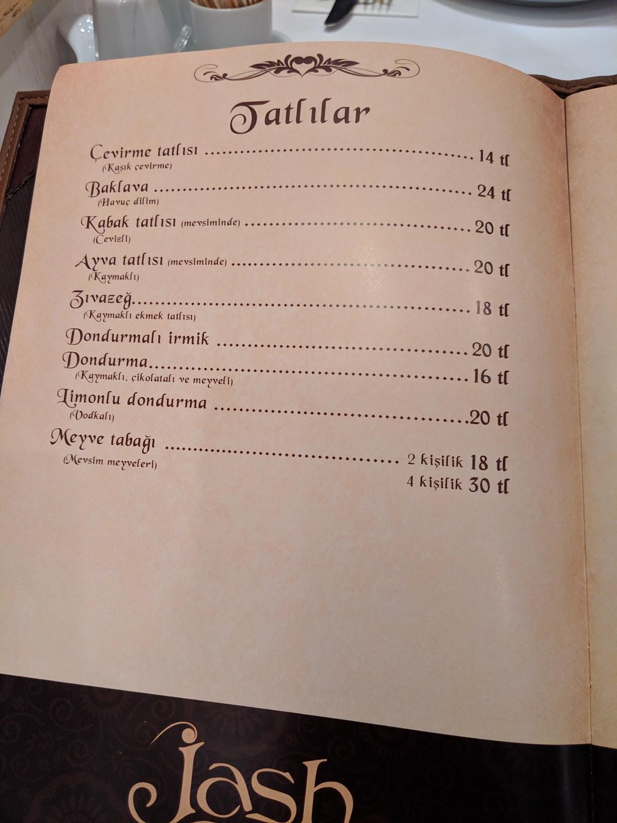 Menu at Jash İstanbul, Istanbul, Cihangir Cd. No:9
