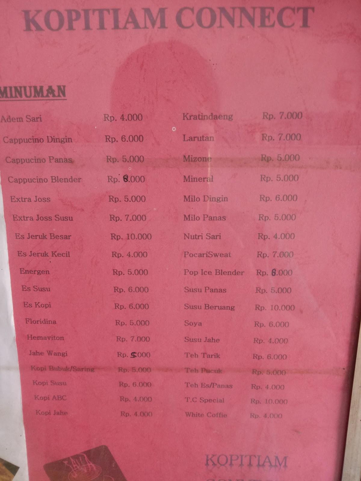 Menu at Kopitiam Conect cafe, Pontianak