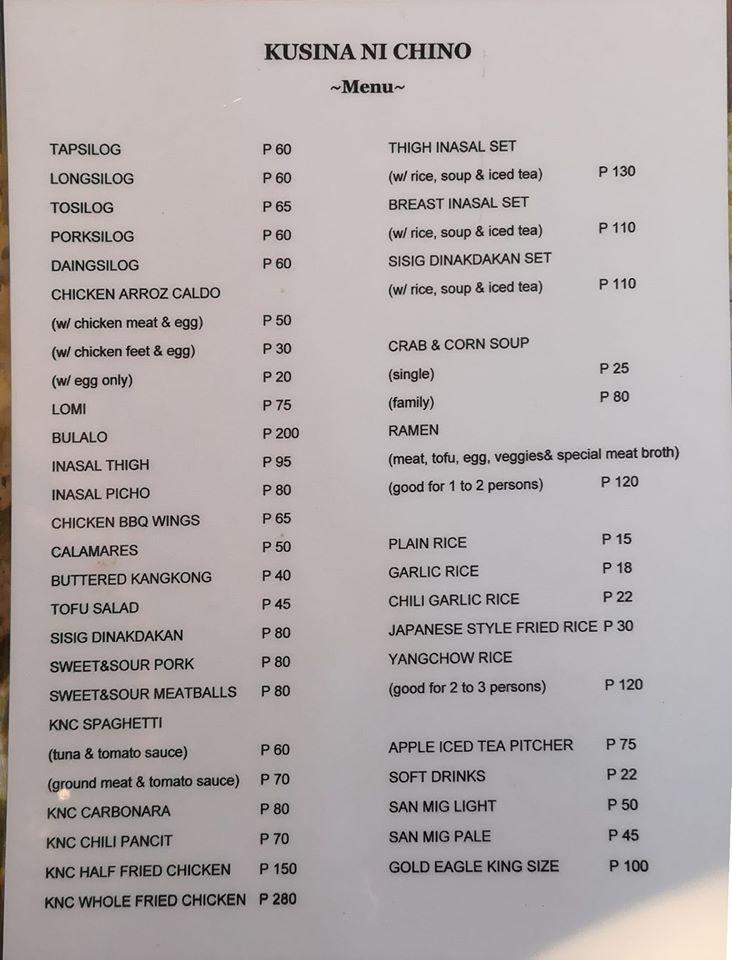 Menu at Kusina ni Chino restaurant, Romblon