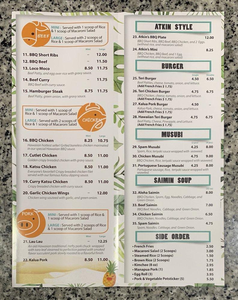 Menu at Maui Hawaiian Barbeque, Oceanside