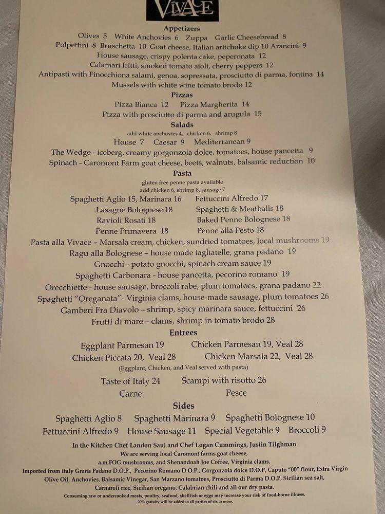 Menu at Vivace restaurant, Charlottesville