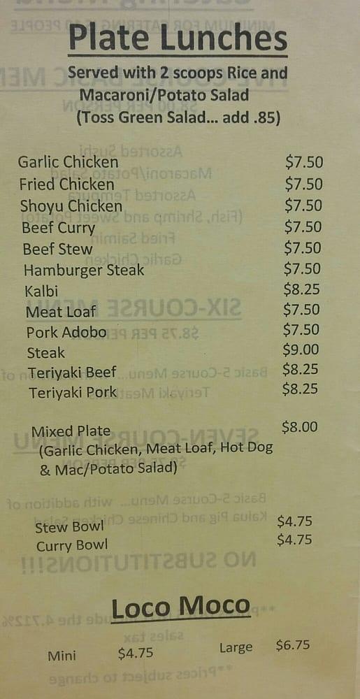 Menu at Mitsu-Ken fast food, Honolulu, N King St