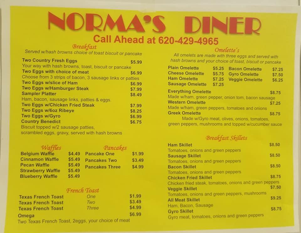 Menu at Norma's Diner restaurant, Columbus, 126 S Kansas Ave