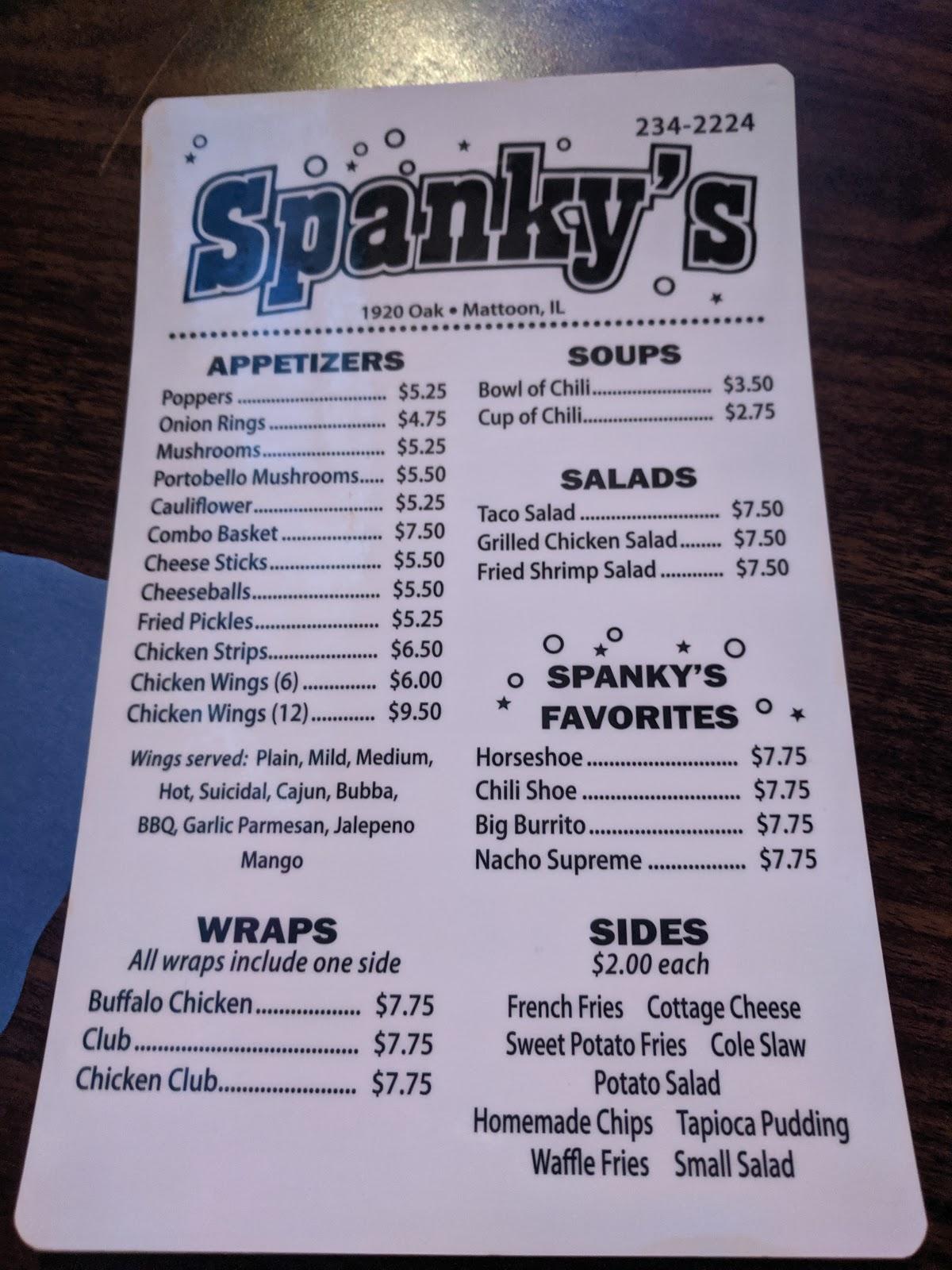Menu at Spanky's Food & Spirits pub & bar, Mattoon