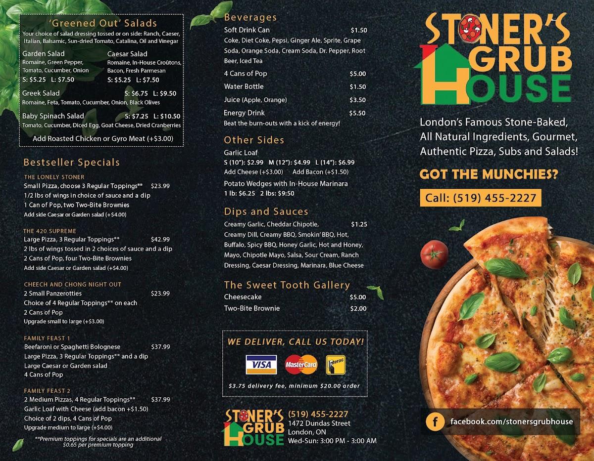 Menu at Stoner's Grub House pizzeria, London