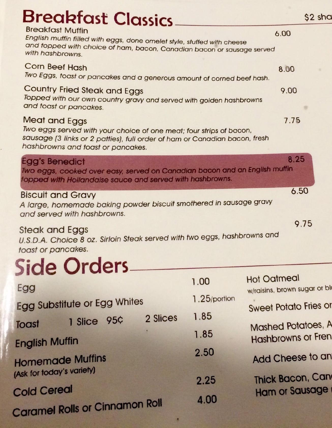 Menu at The Shack restaurant, Fargo