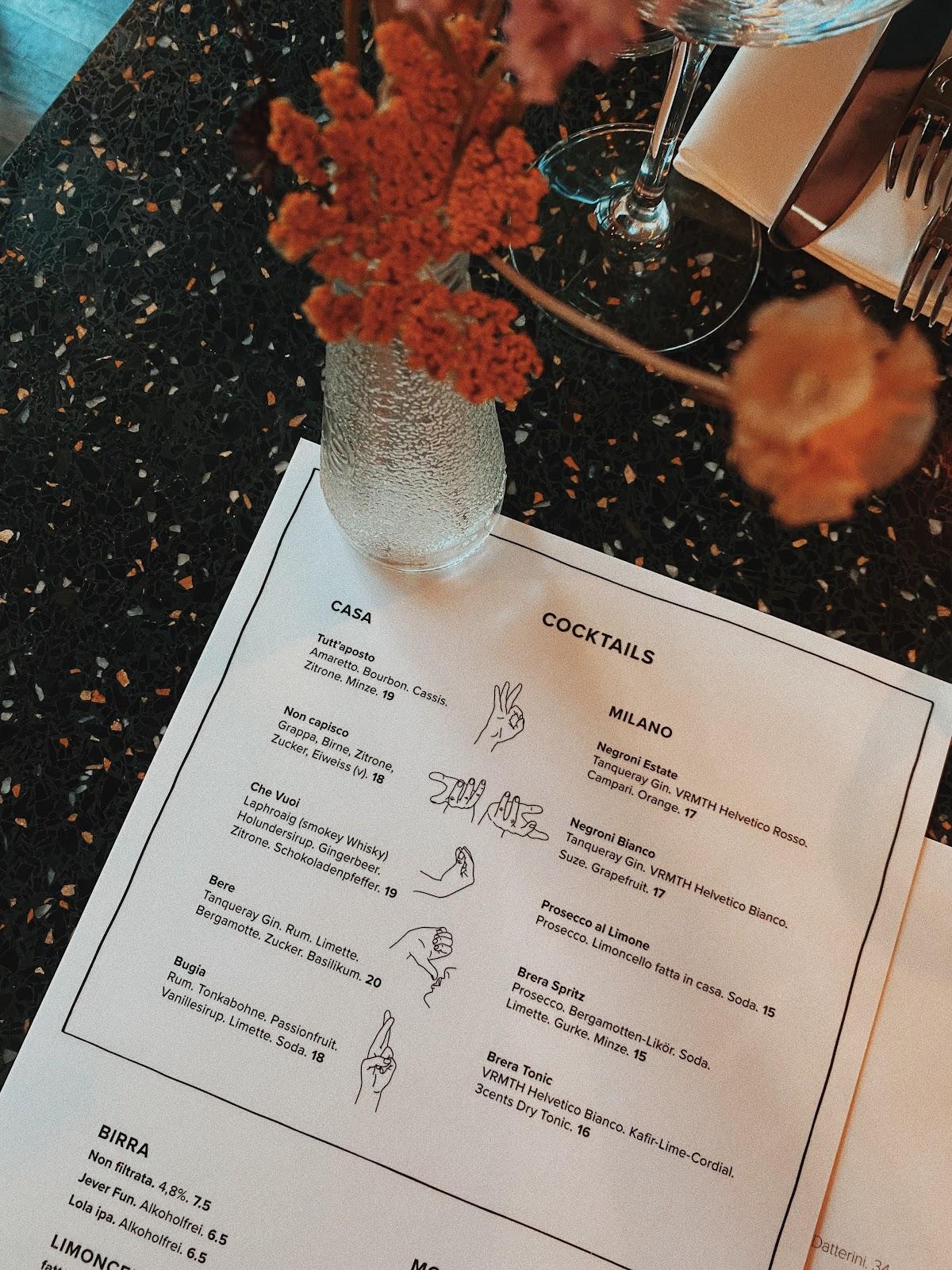Menu at Brera, Zürich
