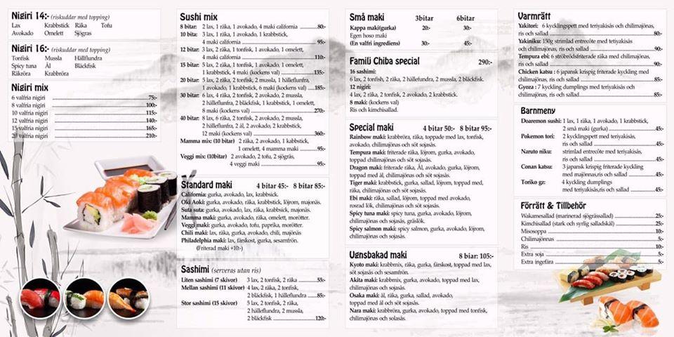 Menu at Chiba Sushi restaurant, Ronneby