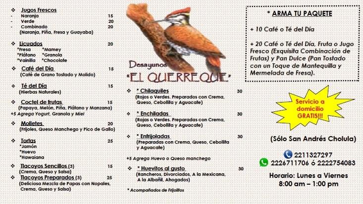 Menu at El Querreque restaurant, San Andres Cholula, Calle 3 Oriente 216 Col. Centro
