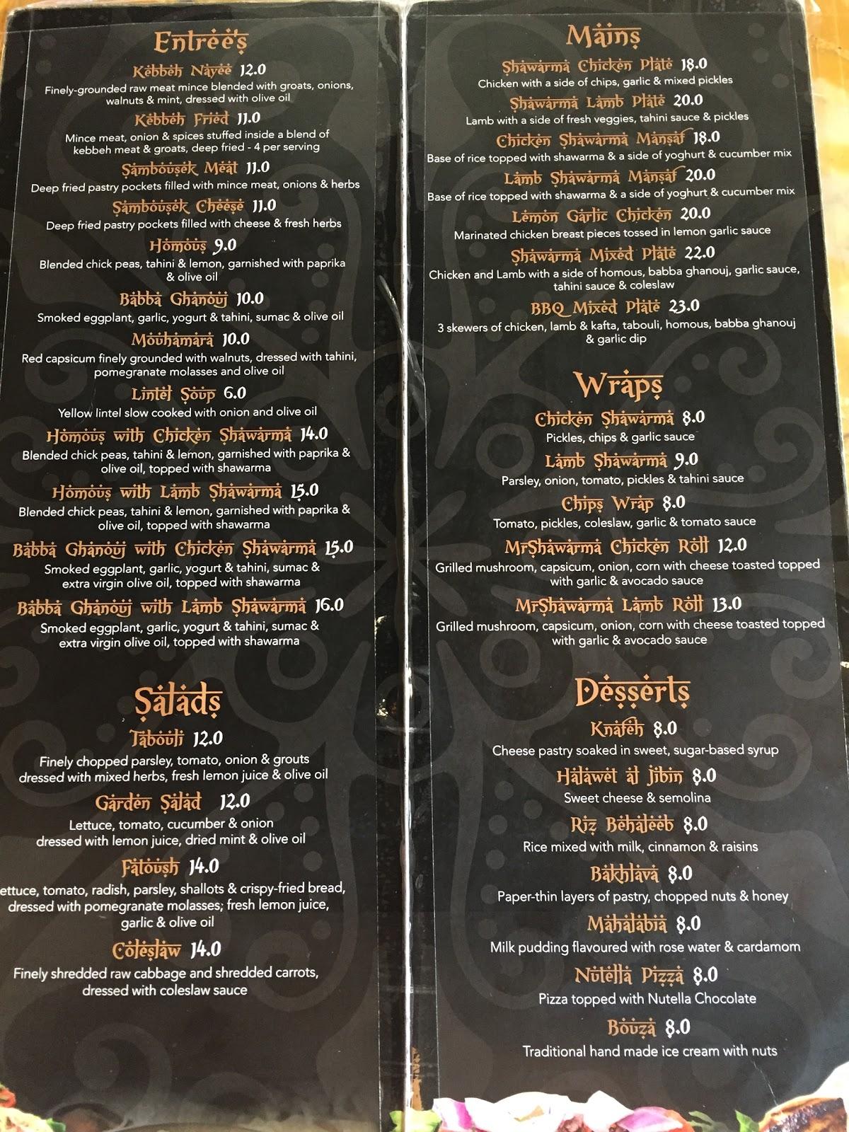 Menu at Mr. Shawarma restaurant, Greenacre