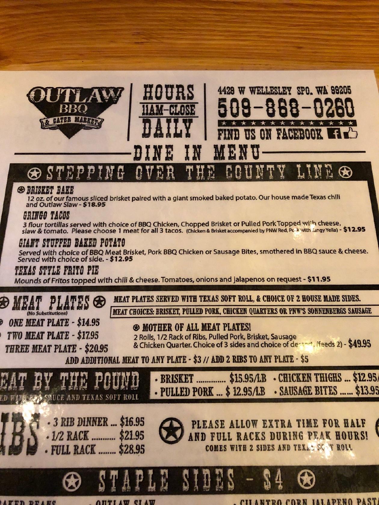 Menu at Outlaw BBQ & Catering Market, Spokane