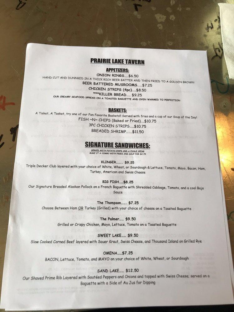 Menu at Prairie Lake Tavern restaurant, Sturgis, M-66
