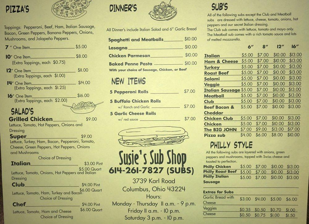 Menu at Susie's Sub Shop pizzeria, Columbus, Karl Rd