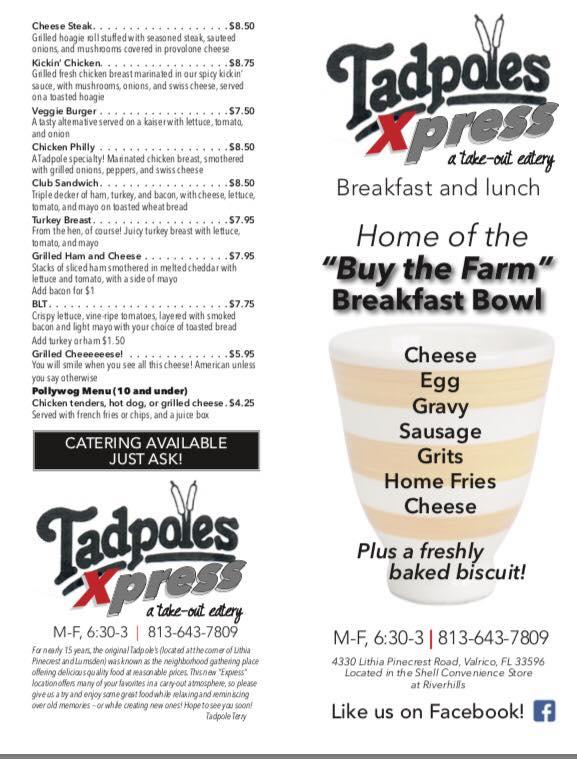 Menu at Tadpoles Xpress restaurant, Bloomingdale