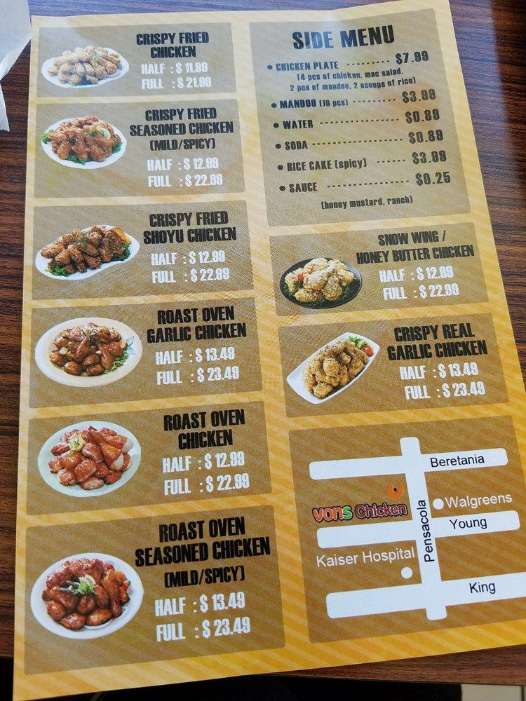 Menu at Vons Chicken restaurant, Honolulu, Pensacola St
