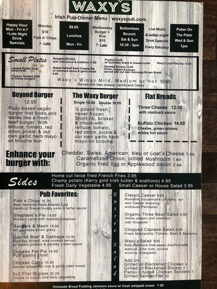 Menu at Waxy's Irish Pub, Fort Lauderdale