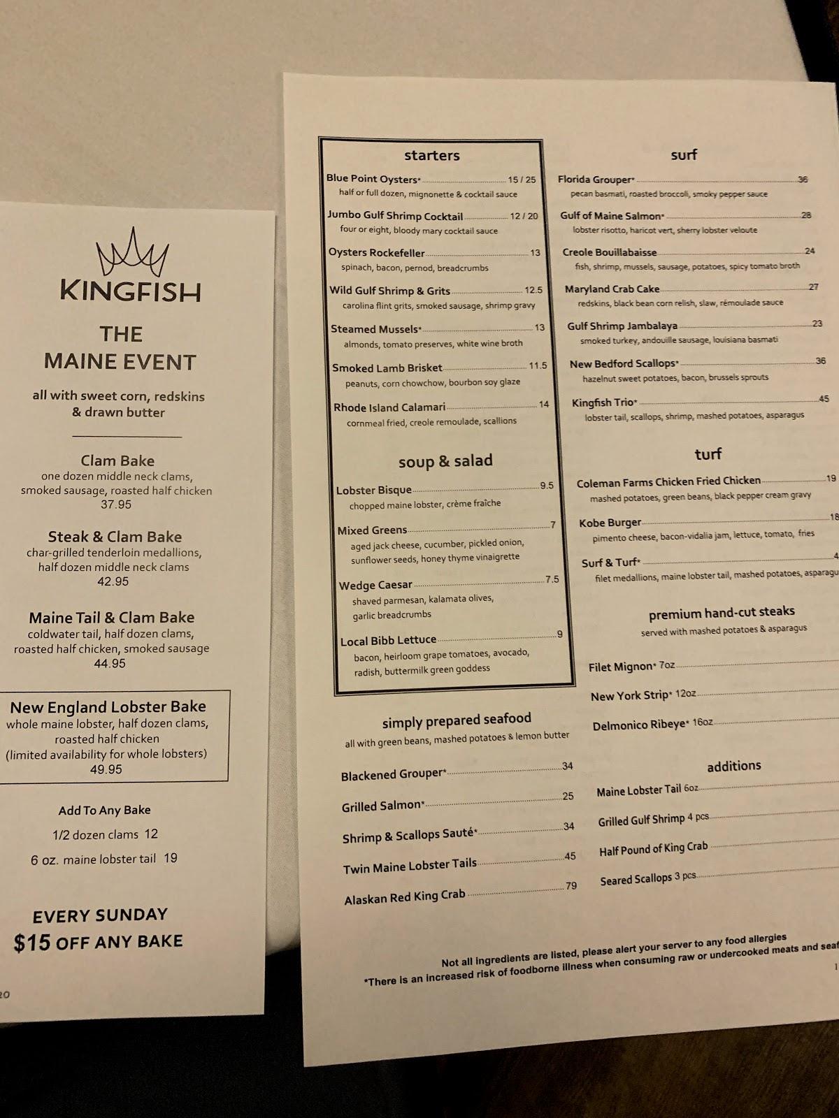 Menu at Kingfish restaurant, Montrose-Ghent