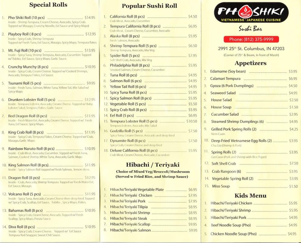 Menu at Phở Shiki restaurant, Columbus