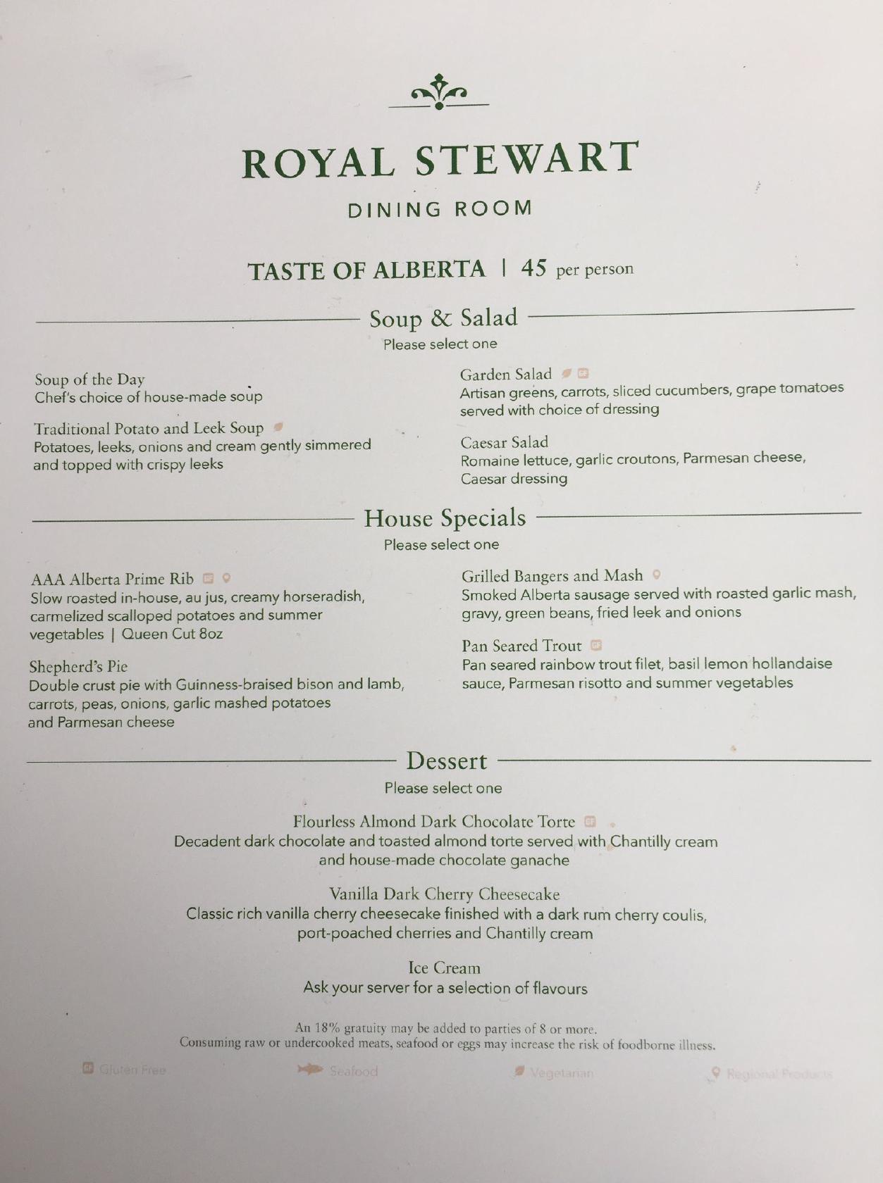 Menu at Royal Stewart Dining Room restaurant, Waterton Park