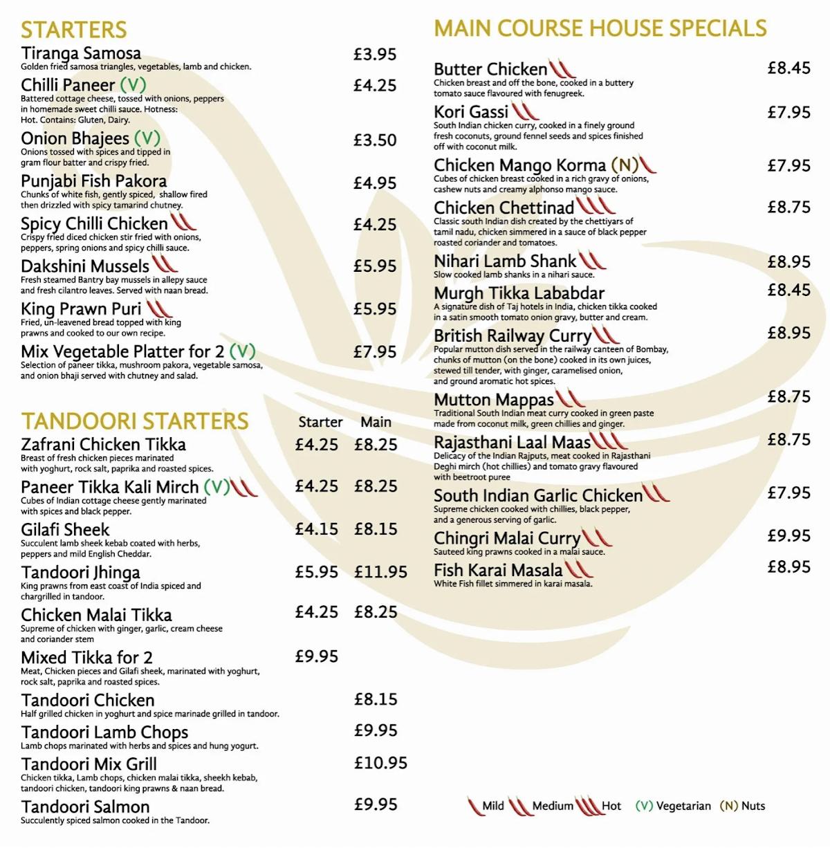 Menu at Spice Moghuls, Milton Keynes