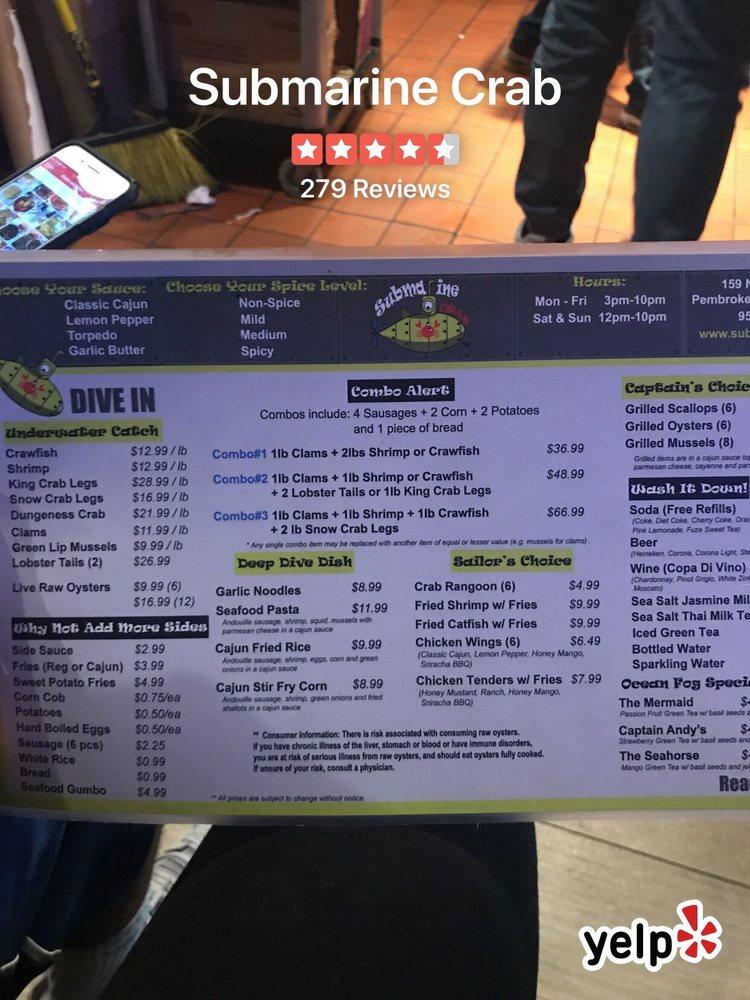 Menu at Submarine Crab restaurant, Pembroke Pines