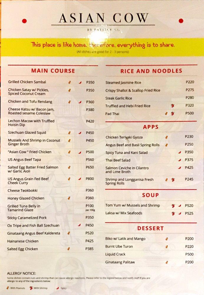 Menu at Asian Cow by Chef Patrick Co restaurant, Davao City