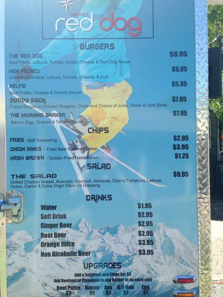 Menu at Abbstar's Red Dog restaurant, Caloundra