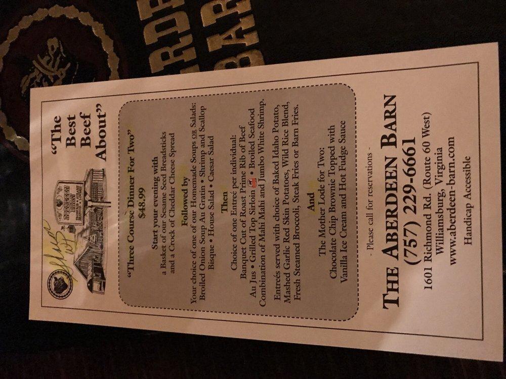 Carta de Aberdeen Barn Steakhouse, Williamsburg, Richmond Rd