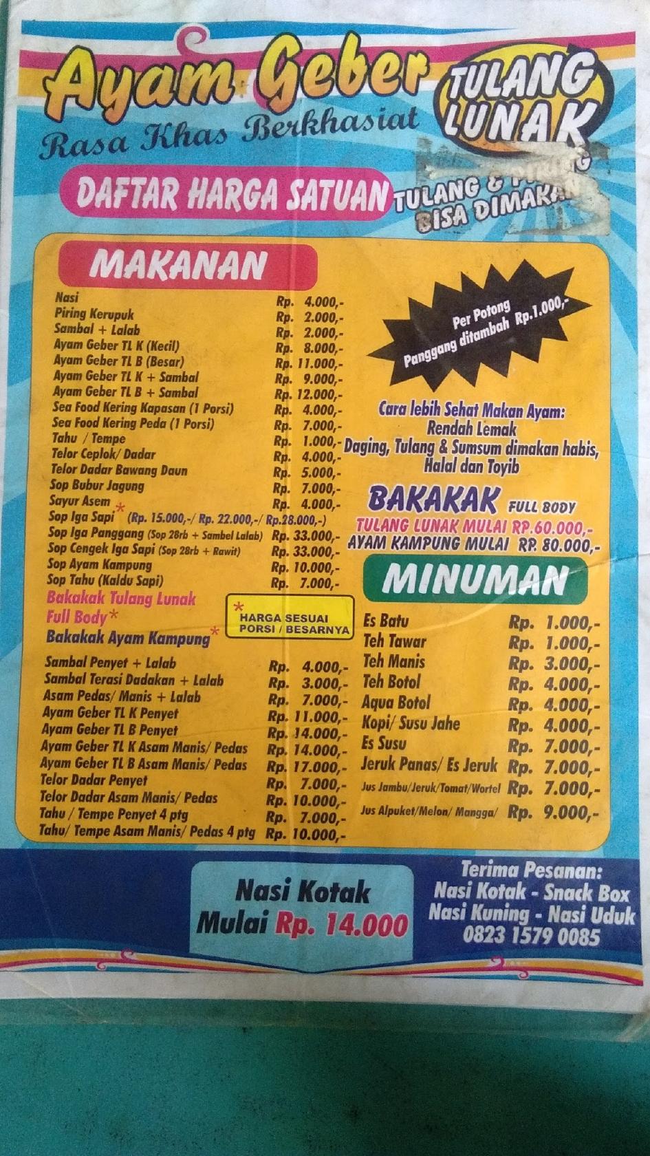 Menu at Ayam Geber Tulang Lunak restaurant, Cilimus