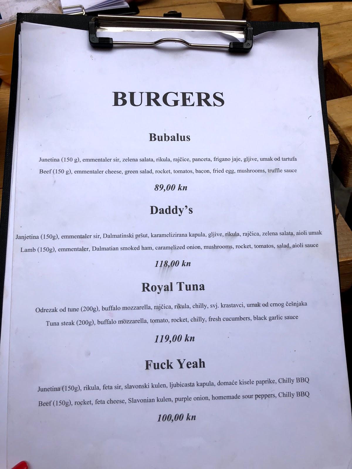 Menu at Bubalus Burger Bar, Trogir