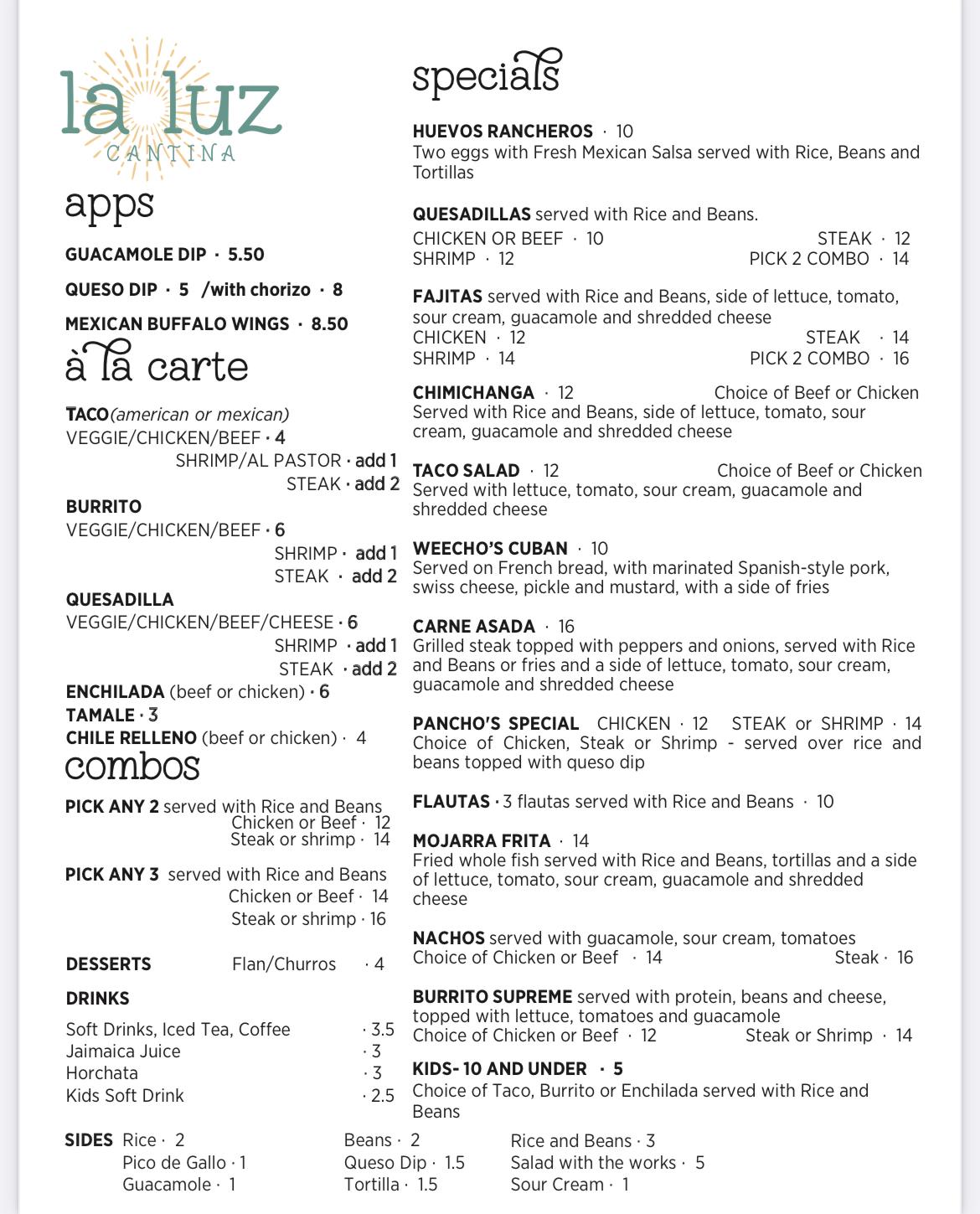 Menu at CANTINA LA LUZ restaurant, Gulf Shores
