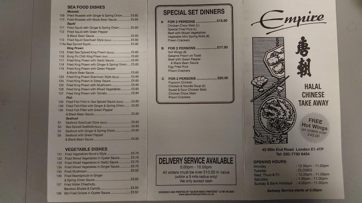 Menu at Empire fast food, London, 43 Mile End Rd