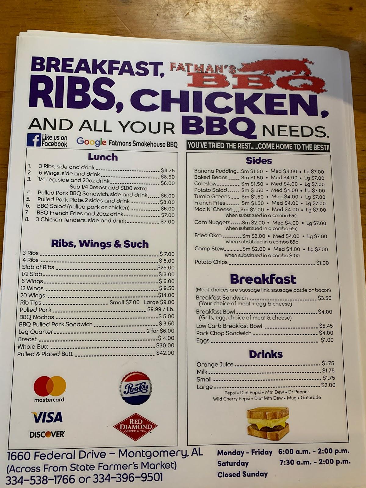 Menu at Fat Man's Smokehouse BBQ, Montgomery, Federal Dr