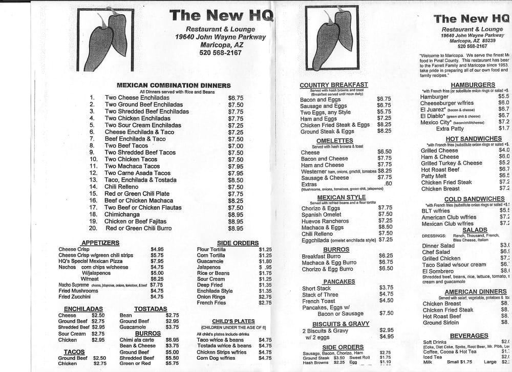 Menu at Headquarters Cafe, Maricopa, N Maricopa Rd