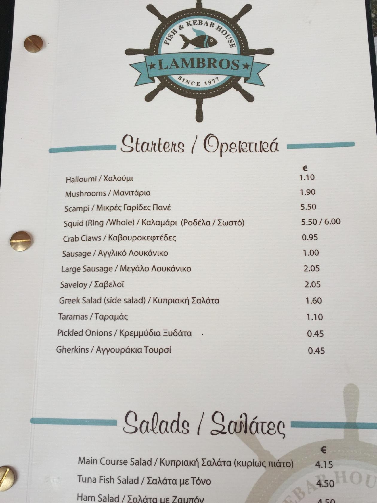 Menu at Lambros Fish & Kebab House, Pyla, Cessac Beach