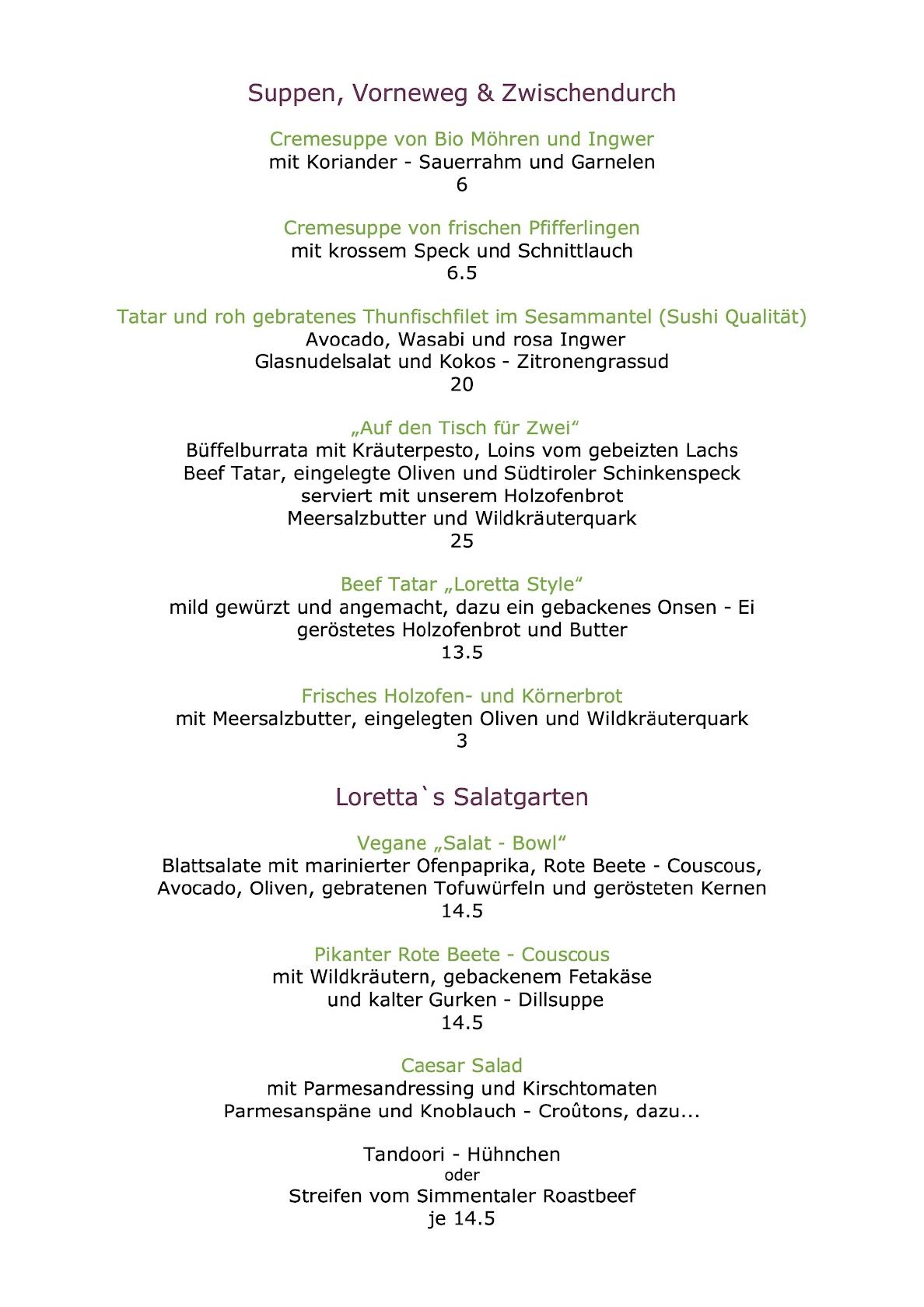 Speisekarte von Loretta am Wannsee restaurant, Berlin