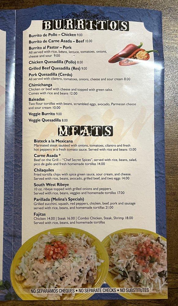 Menu at Melina's restaurant, East Hartford