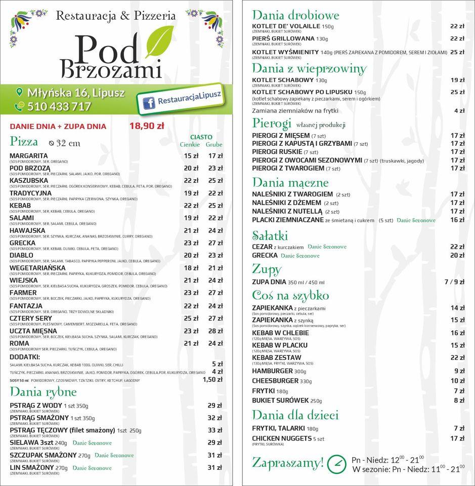 Menu at Restauracja "Pod Brzozami" restaurant, Lipusz