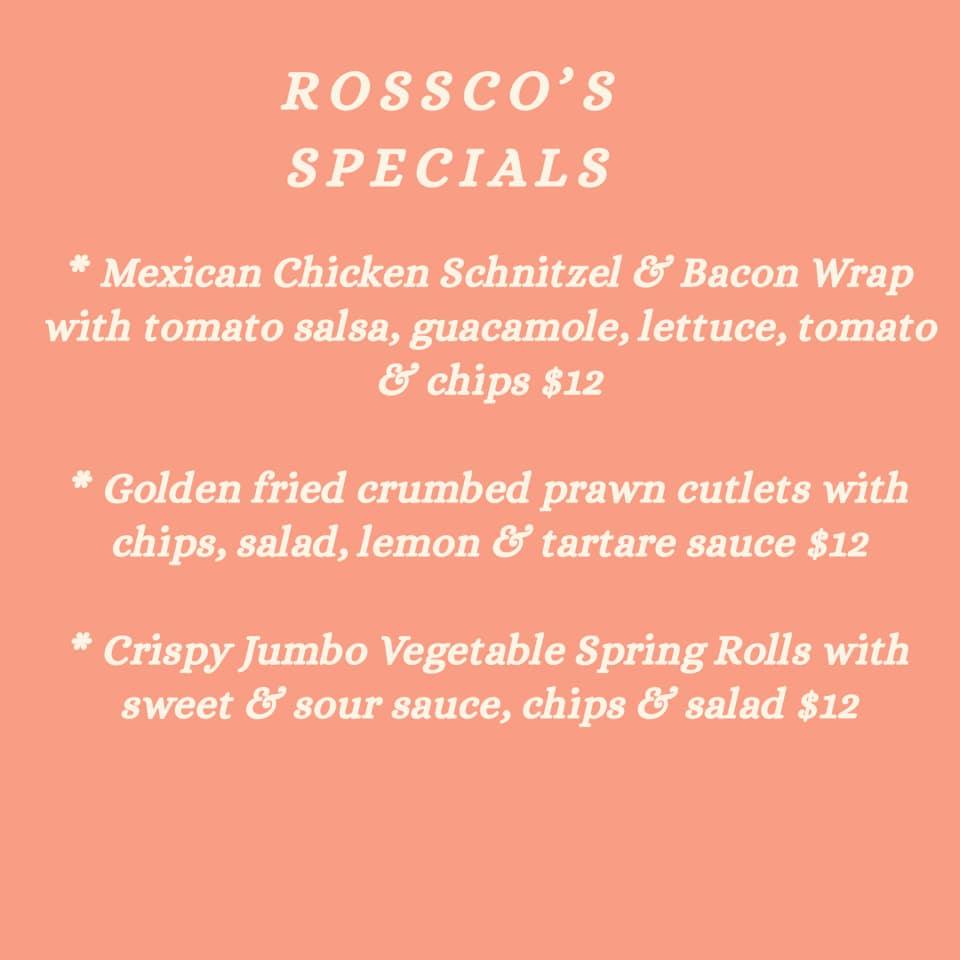 Menu at Rossco's Cafe, Kempsey