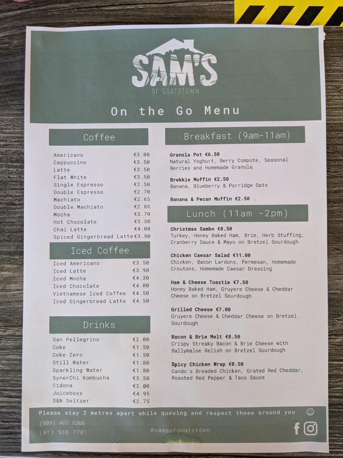 Menu at Sam's cafe, Dublin