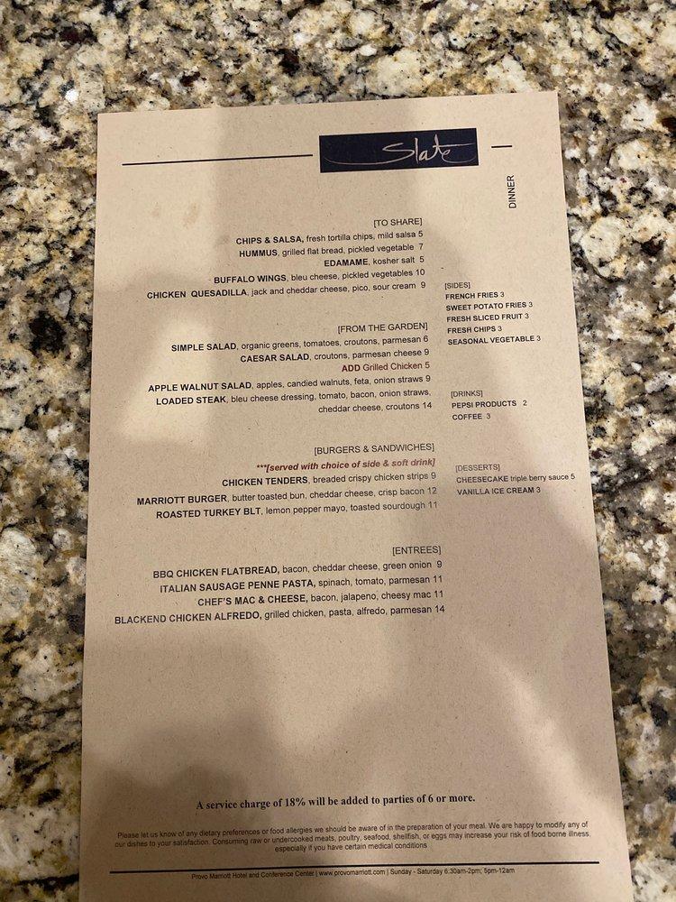 Menu at Slate Restaurant, Provo