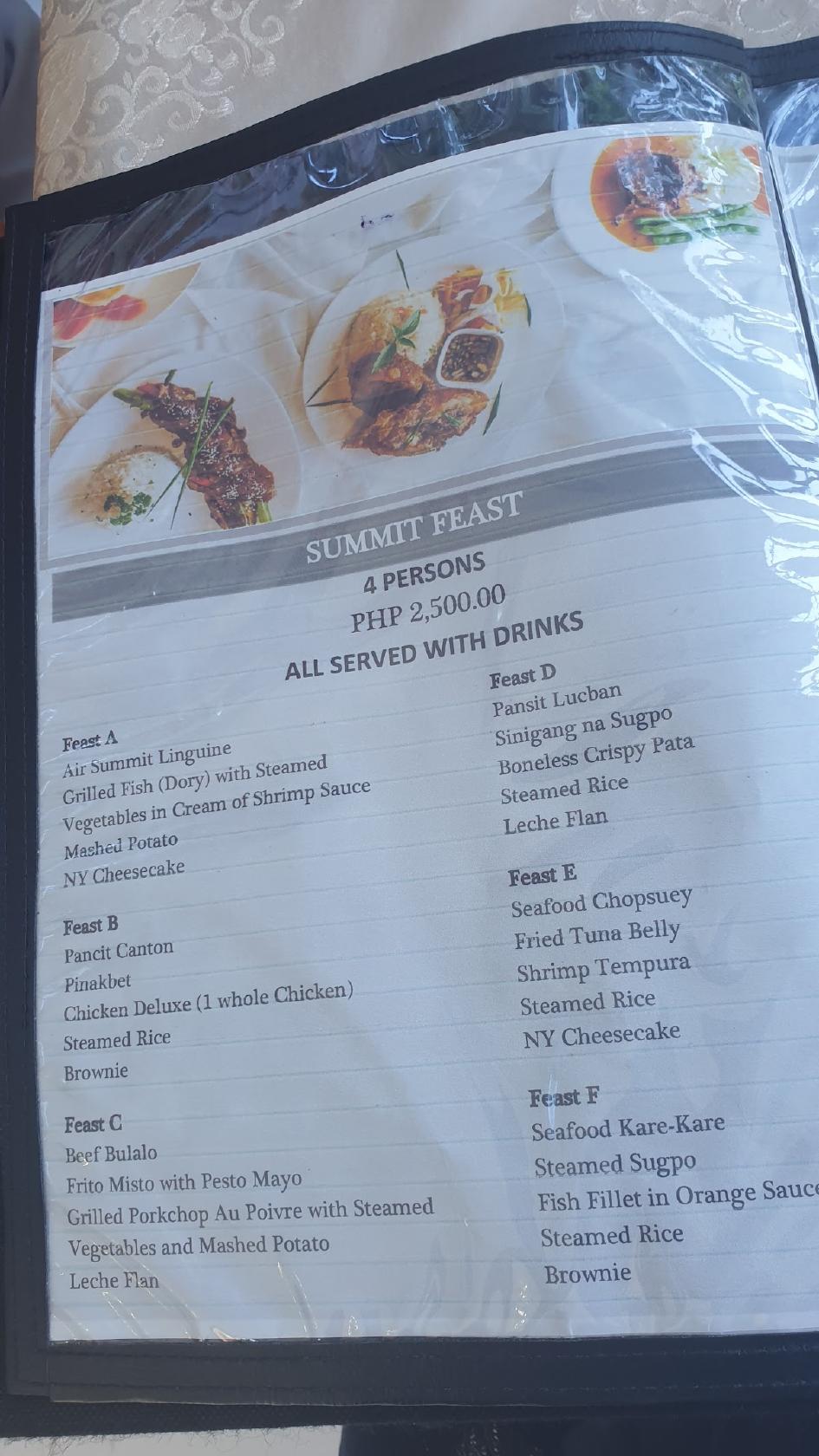 Menu at Air Summit Gourmet restaurant, Tayabas, 3H59+GWP