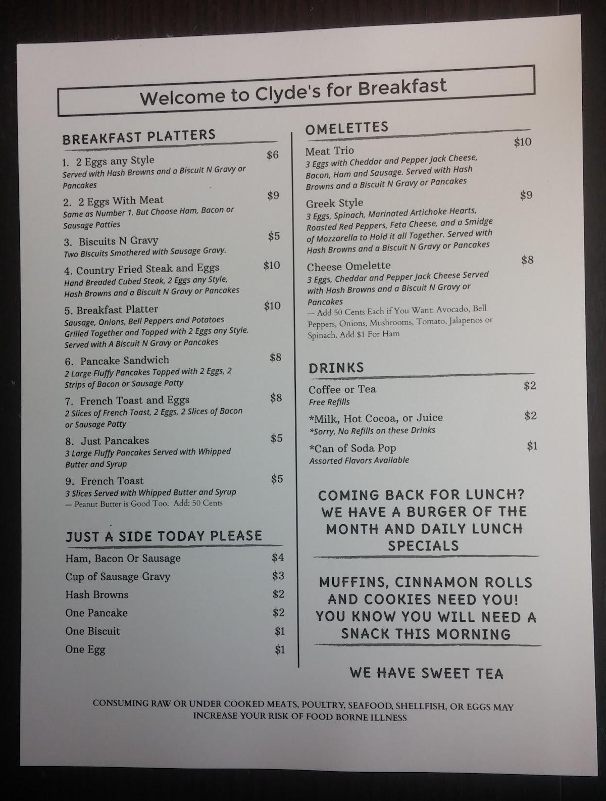 Menu at Clyde's Cafe, Delta
