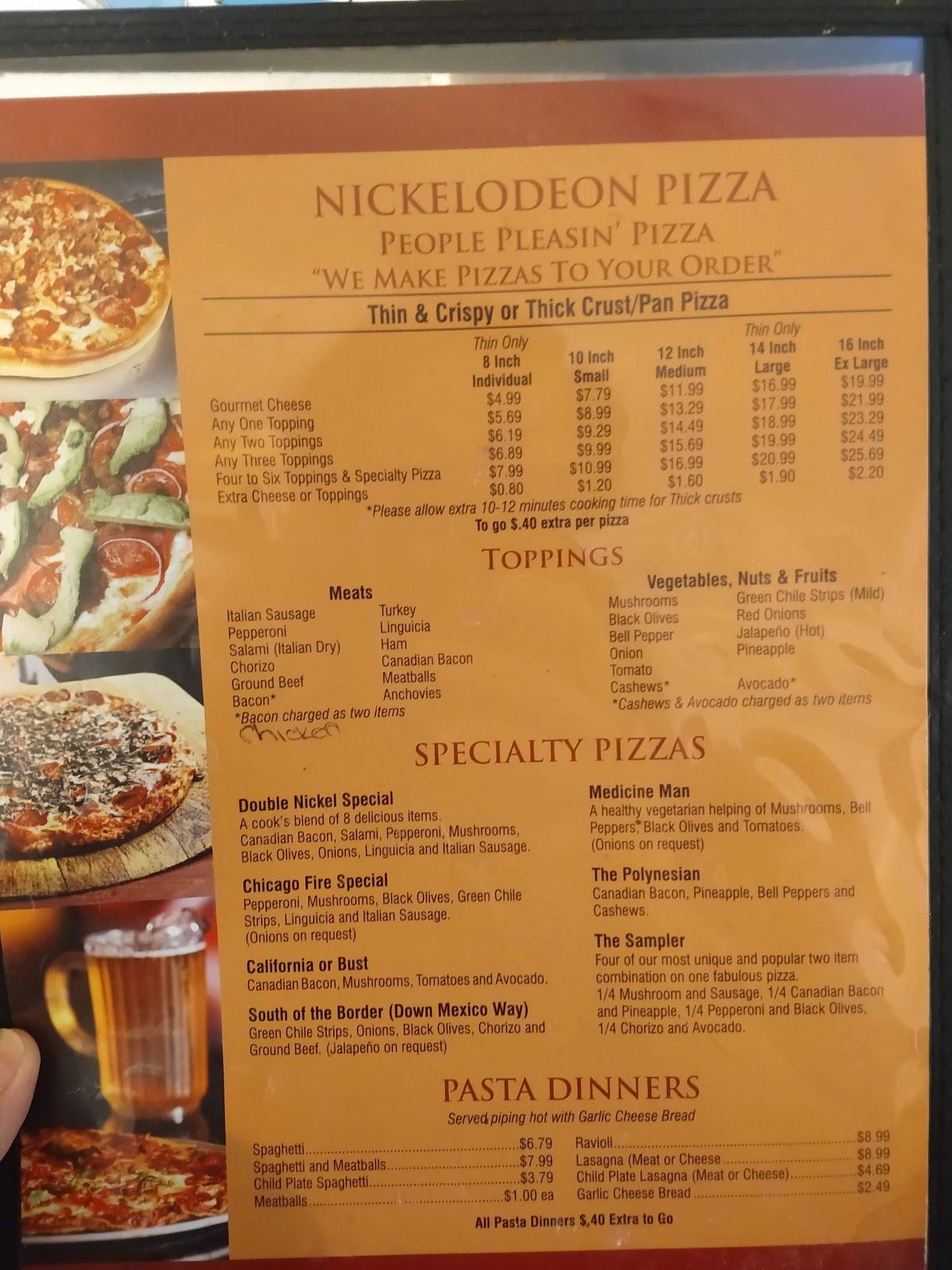 Menu at Nickelodeon Pizza pizzeria, Colton, E Washington St