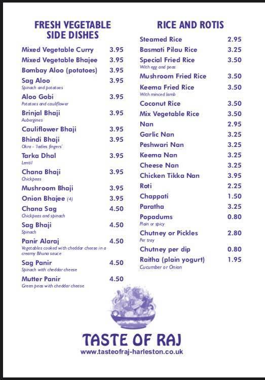 Menu at Taste Of Raj restaurant, Harleston