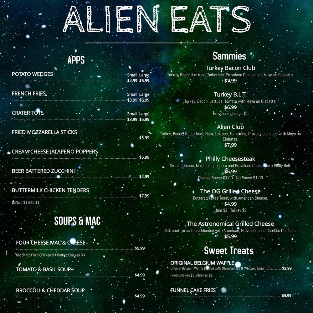 Menu at Alien Cafe, San Antonio