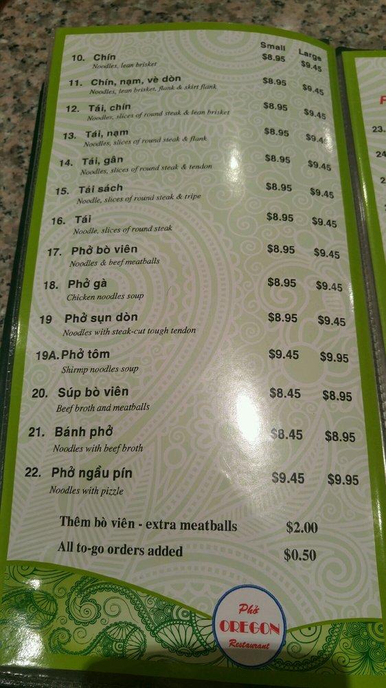 Menu at Phở Oregon Restaurant, Portland, NE 82nd Ave