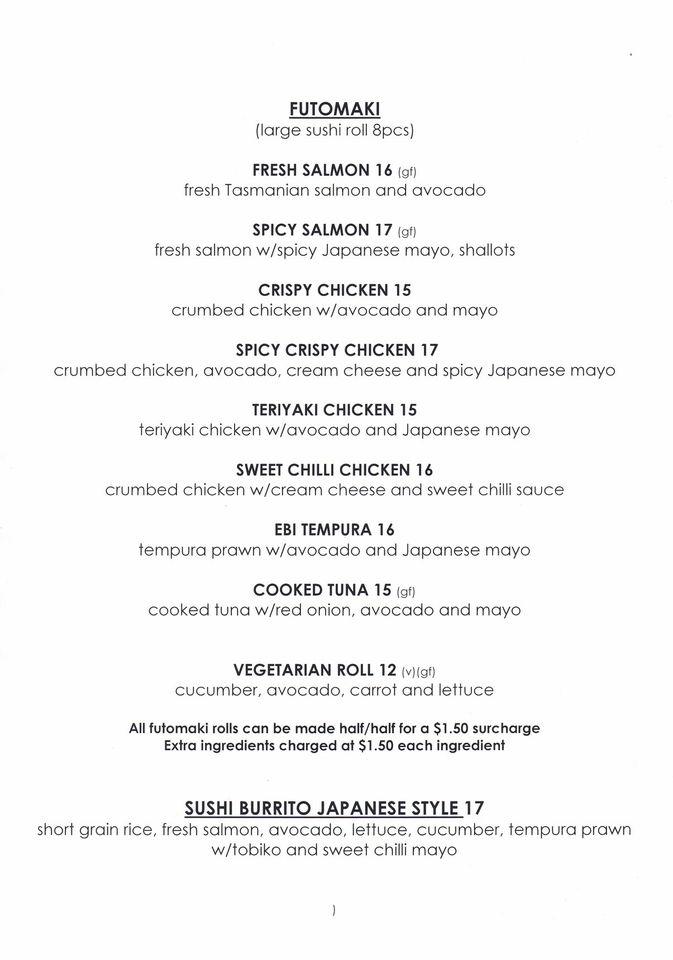 Menu at Sakana Modern Asian restaurant, Townsville