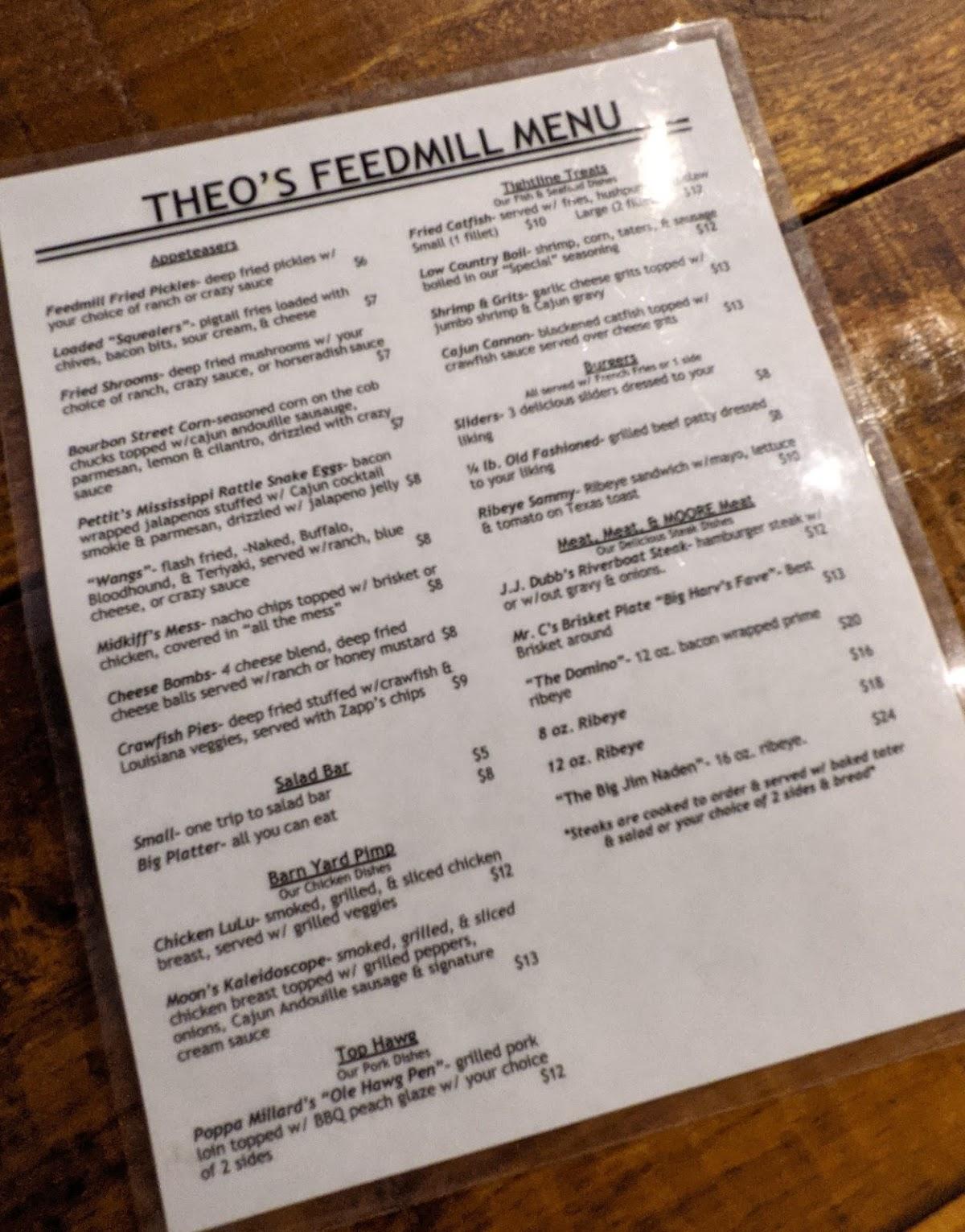 Menu at Theo's Feed Mill restaurant, Fulton