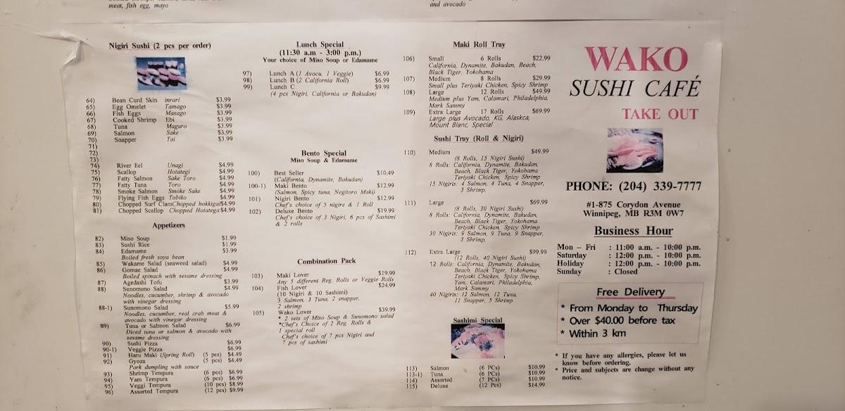 Menu at Wako Sushi Cafe, Winnipeg
